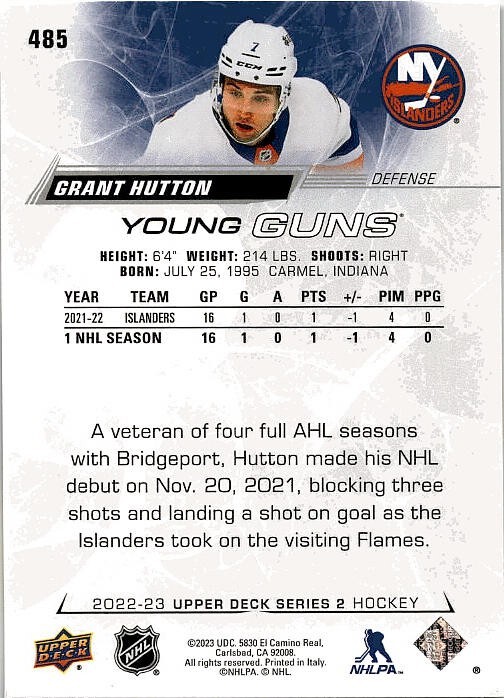 Grant Hutton New York Islanders 2022-23 Upper Deck Series 2 YG RC 485 ...