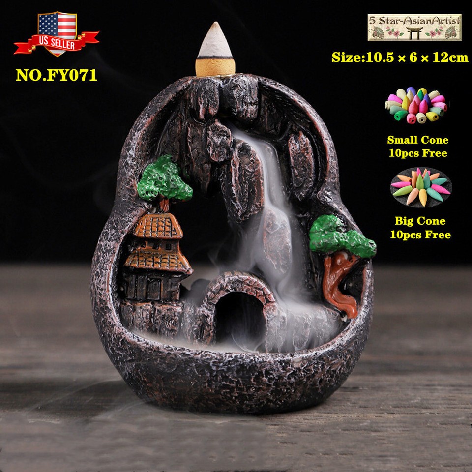 Big Backflow Incense Cones Burner Holder Village Mountain & Free Cones ...