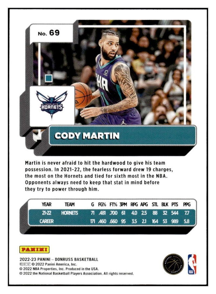 CODY MARTIN 2022-23 Donruss Press Proof Silver #69 NBA Hornets ID:56638 ...