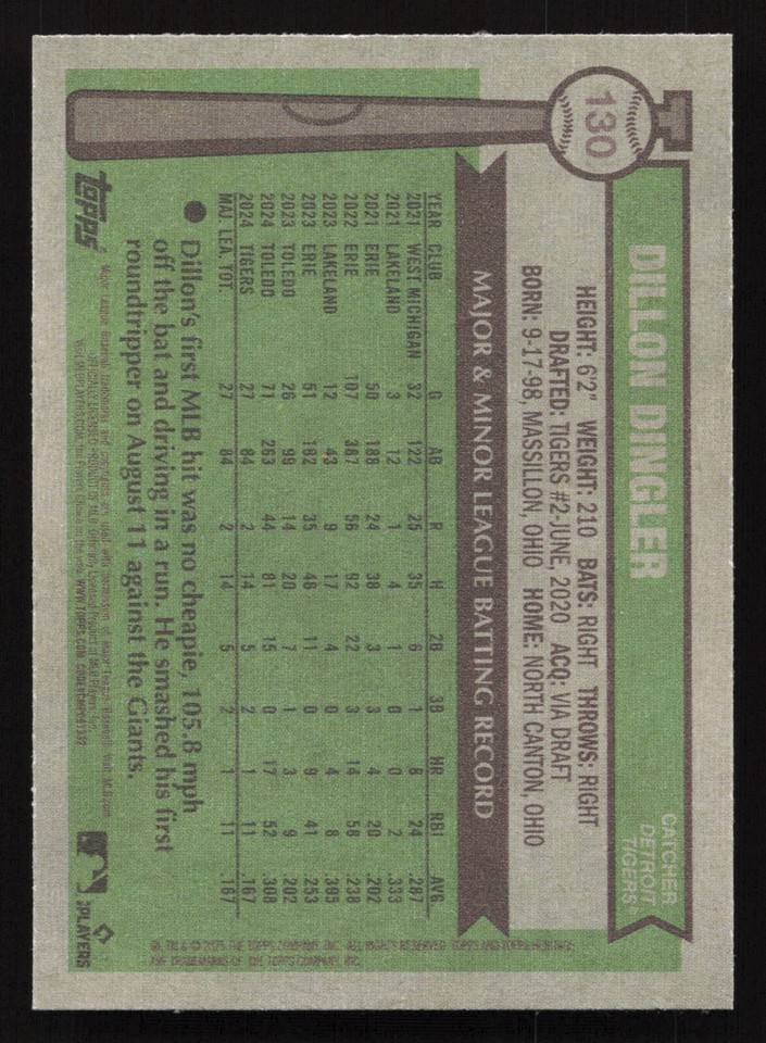 2025 Topps Heritage #130 Dillon Dingler RC Rookie Card Detroit Tigers ...