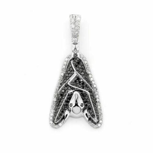 1.80 CT Round Black Diamond Hanging Bat Pendant With Chain 14K White ...