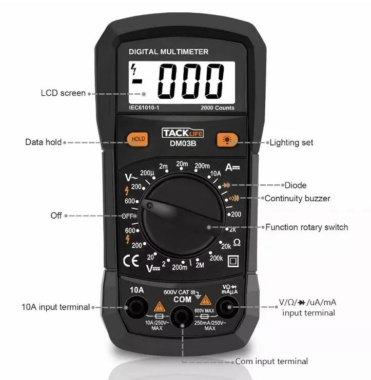 TACKLIFE Multimeter Electrical Tester 2000 Counts Manual-Ranging Amp ...