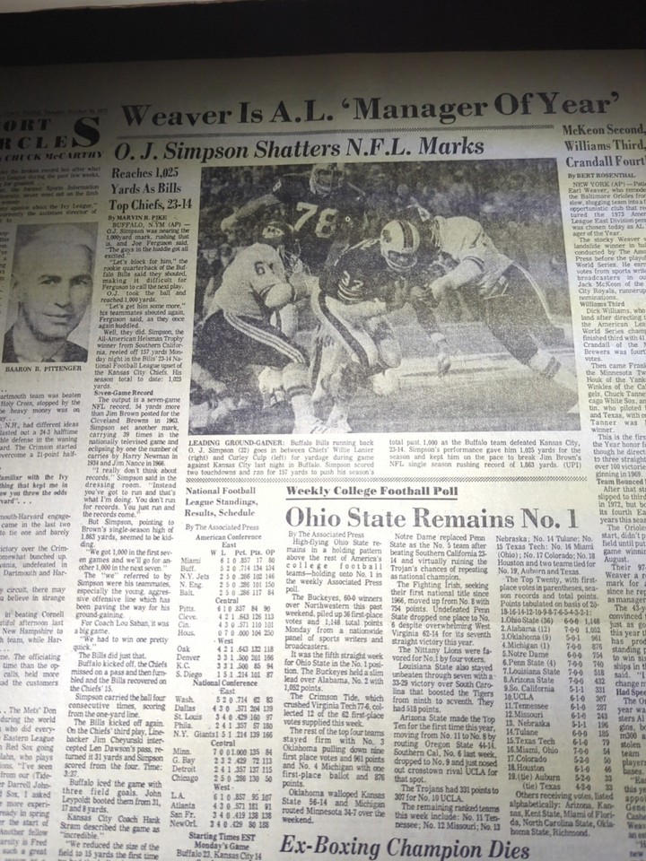 OCT 30, 1973 NEWSPAPER PAGE #1091- O.J. SIMPSON SHATTERS NFL RUSHING ...