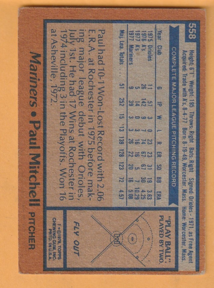 Paul Mitchell Seattle Mariners AUTO Signed 1978 Topps Old Dominion ...