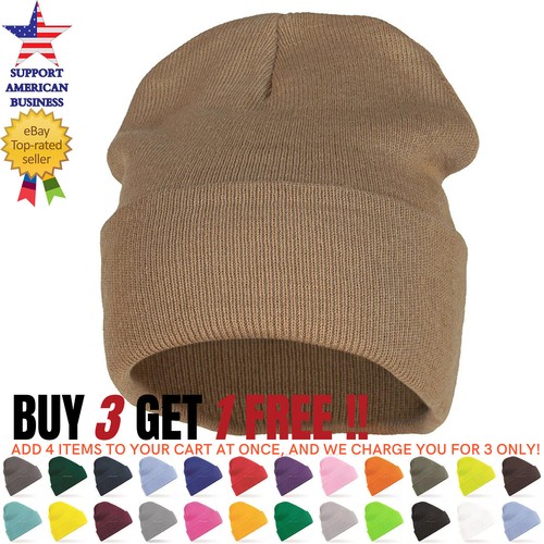 Men Hat Ribbed Solid Plain Knit Ski Cap Warm Beanie Skull Winter Cuff ...