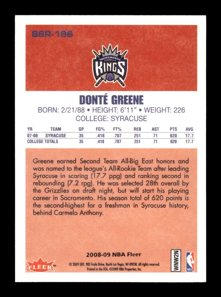 2008-09 Fleer NBA #86R-186 Donte Greene 1986-87 Rookies Rookie Card RC ...
