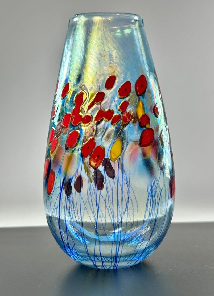 Robert Held Art Glass Hand Blown Teardrop Vase Blue Iridescent Red ...