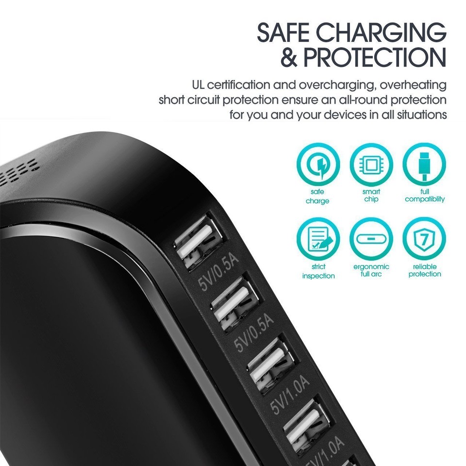 6 Multi USB Port Adapter Desktop Charger Rapid Tower Charging Station ...