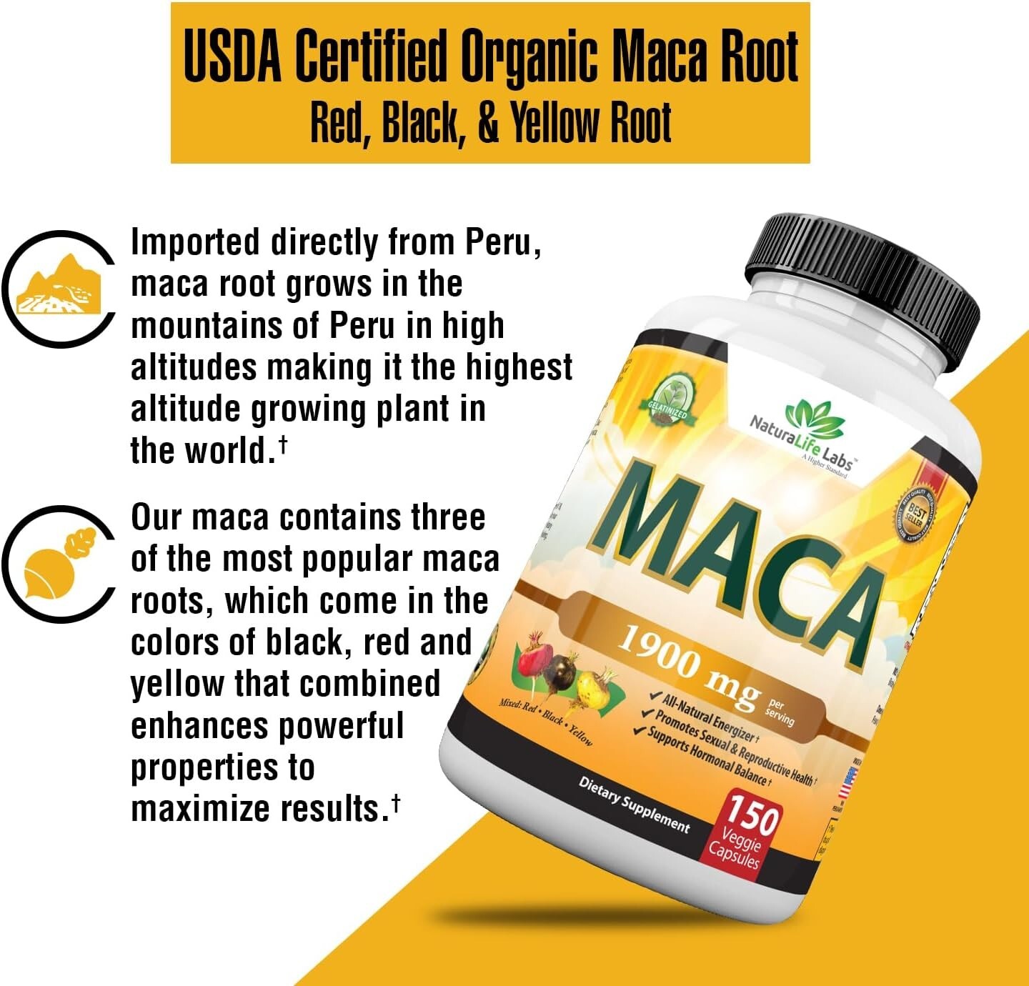 Organic Maca Root Black, Red, Yellow 1900 MG per Serving - 150 Vegan ...