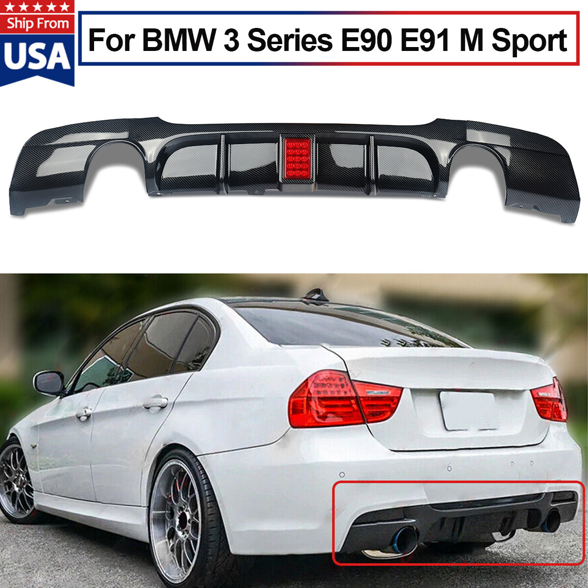 Rear Bumper Diffuser For BMW E90 E91 M Sport Bumper Carbon Fiber Look ...