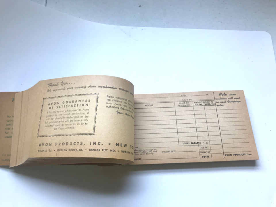 60s/70s COLLECTIBLE AVON LADY'S PAPER SALES BOOK/RECEIPTS UNUSED | eBay
