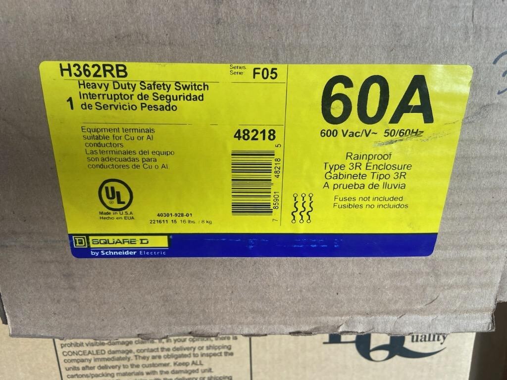 SQUARE D #H362RB 60 AMP 600 VAC HEAVY DUTY RAINPROOF ENCLOSURE SAFETY ...