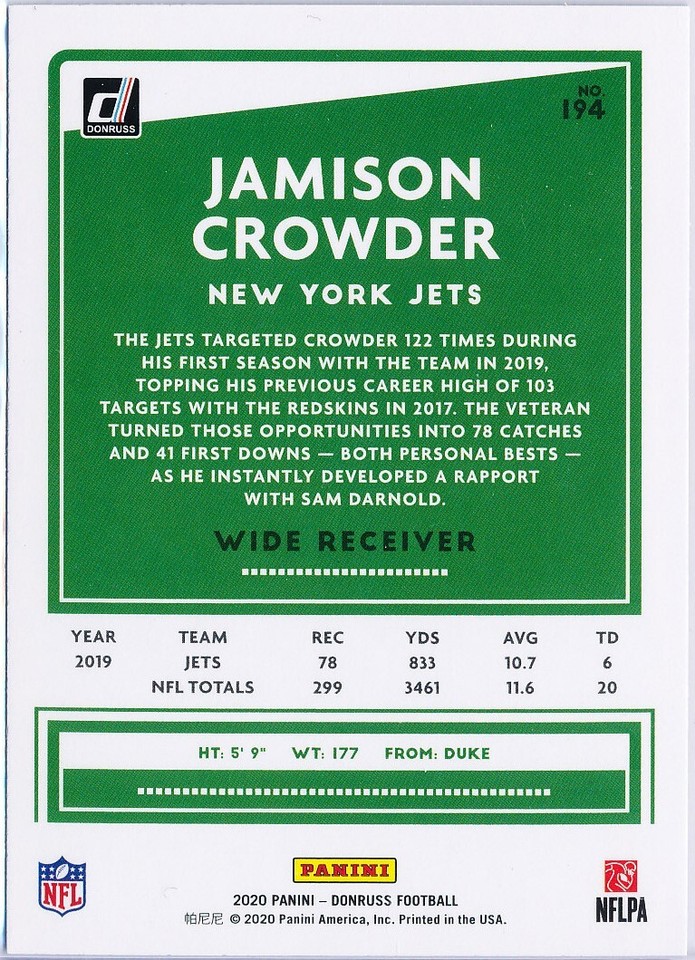 Jamison Crowder BLUE 2020 Panini Donruss Football #194 New York Jets | eBay