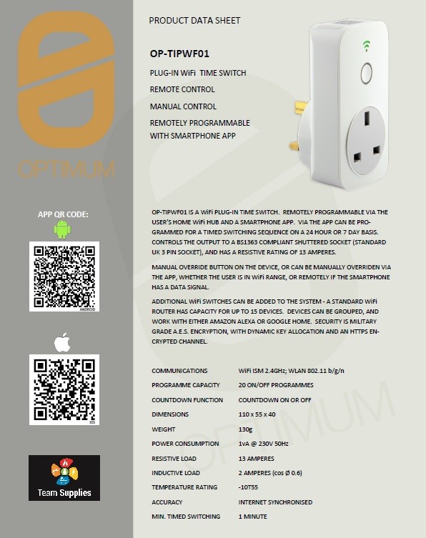 OPTIMUM WIFI 3 Pin Plug In Programmable Timer Control Socket Switch OP ...