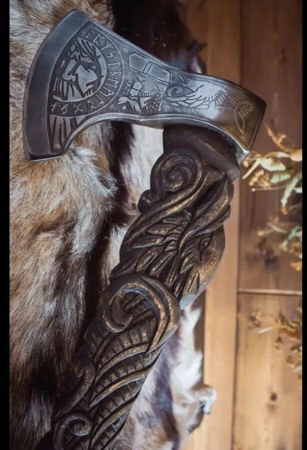 21’ Handmade Smith Hand Forged Premium Engraved Raven Viking Axe ...