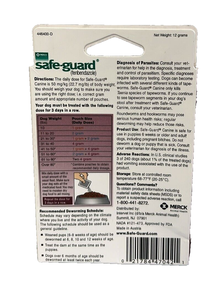2x Safe-Guard Canine Dog Dewormer-Three 4 Gram Packets each / Merk (Exp ...