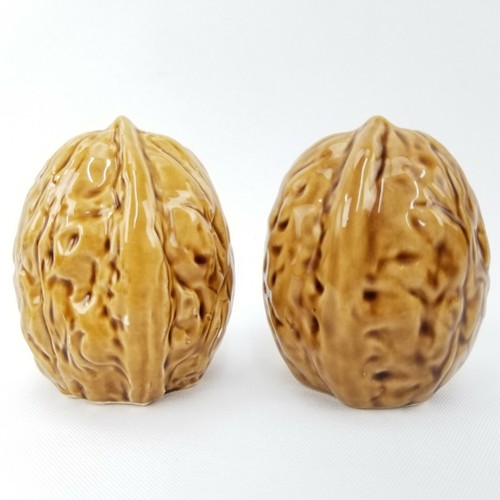 vtg Walnut Salt & Pepper Shaker Set Walnuts Glazed Ceramic 2.75" Tall w ...