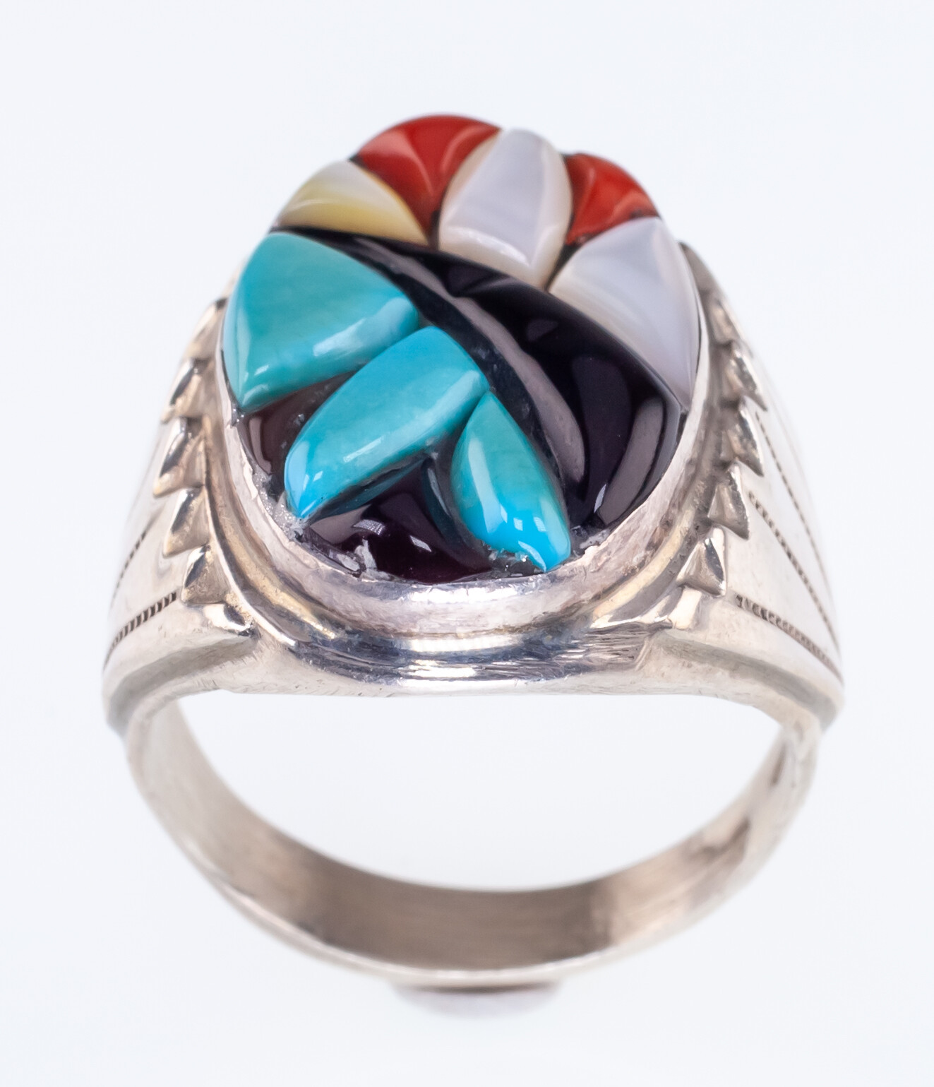 Richard and Geneva Terraza Sterling Silver Lapidary Inlay Ring Size 10. ...