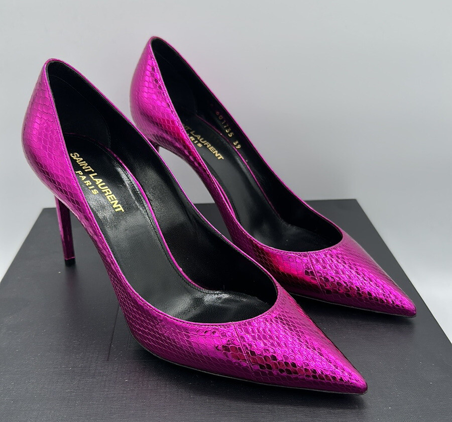 Saint Laurent YSL Zoe 105 Metallic Snakeskin Pumps Heel Purple Size 39 ...