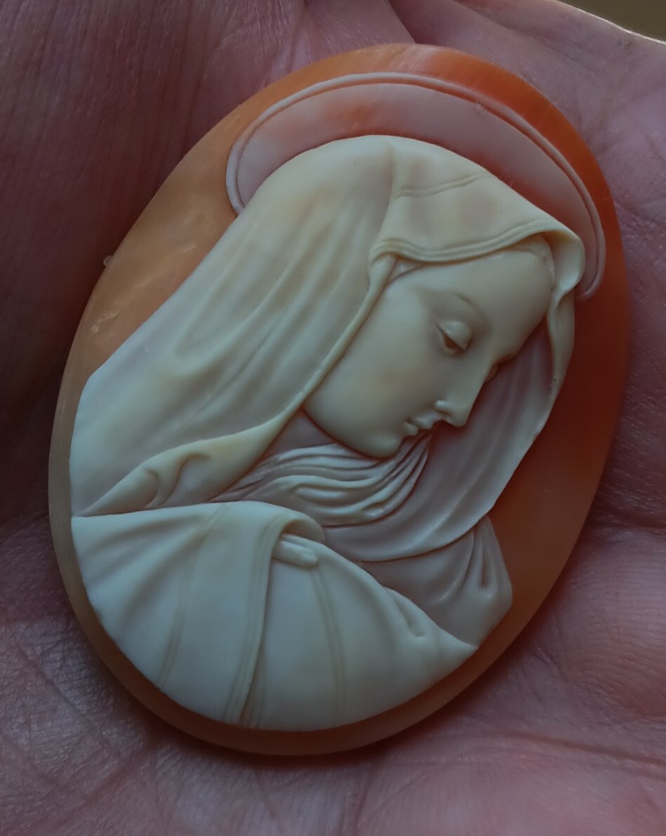 ANTIQUE HAND CARVED SHELL VIRGIN MARY CAMEO AMAZING 2… - Gem