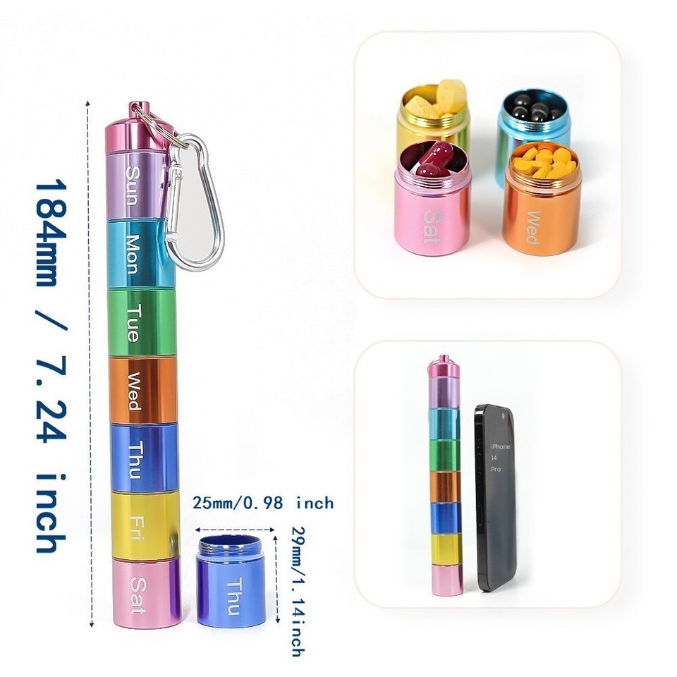 Weekly Metal Pill Box Organizer 7 Day Portable Waterproof Keychain Pill ...