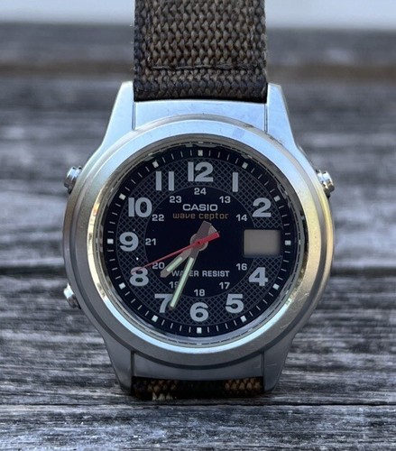 Casio Wave Ceptor Watch Men Silver Tone Black Dial 4756 WVQ-140A Atomic ...