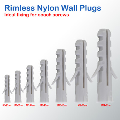 M5 M6 M7 M8 M10 M12 M14 NYLON WALL PLUGS RIMLESS 5 6 7 8 10 12 14 mm ...