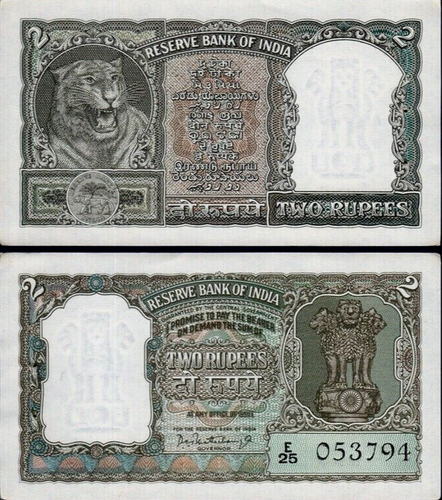 India 2 RUPEES P-31 ND 1962-1967 PCB Tiger Face UNC GREEN Indian ...