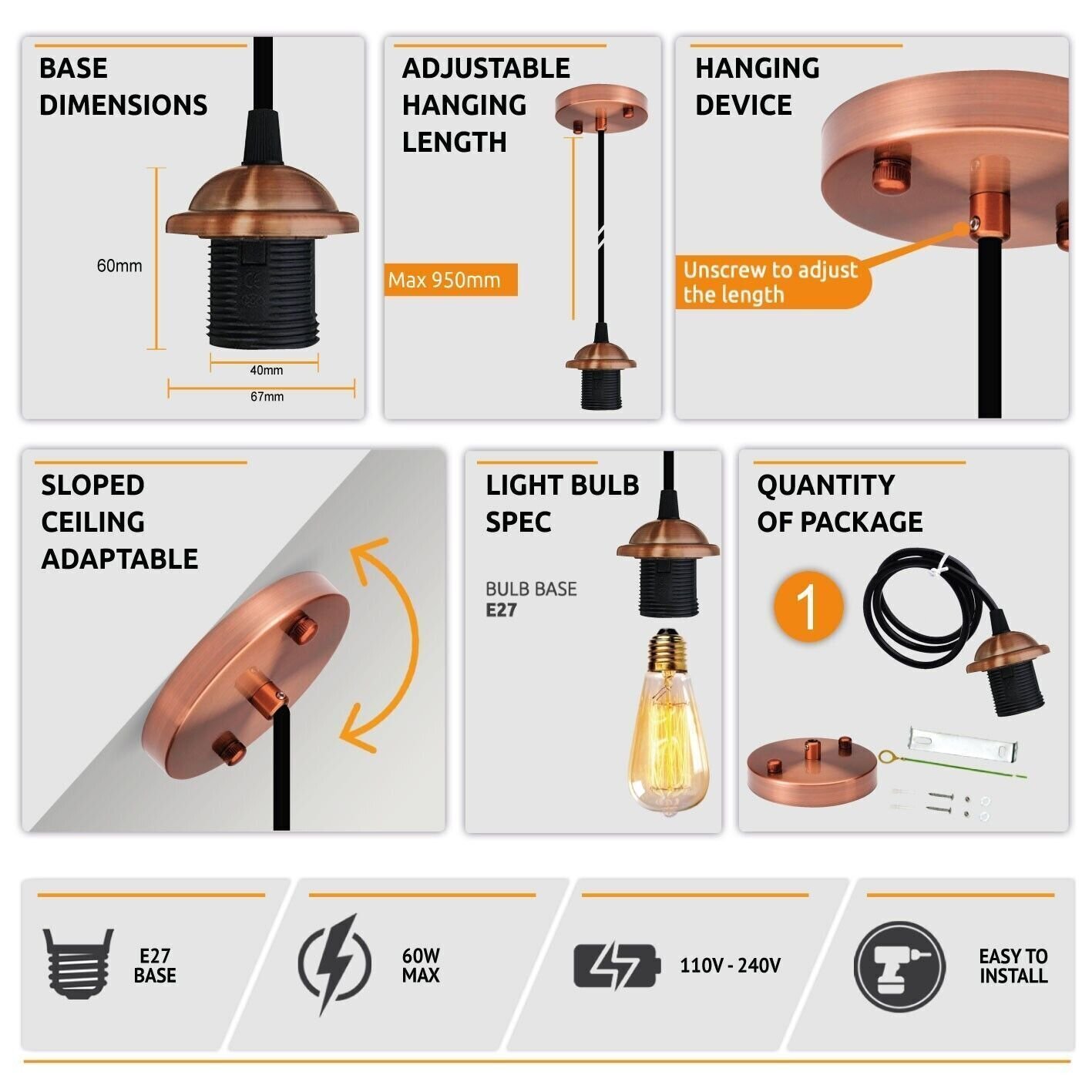 E27 Ceiling Rose Light Fitting Vintage Industrial Pendant Lamp Bulb ...