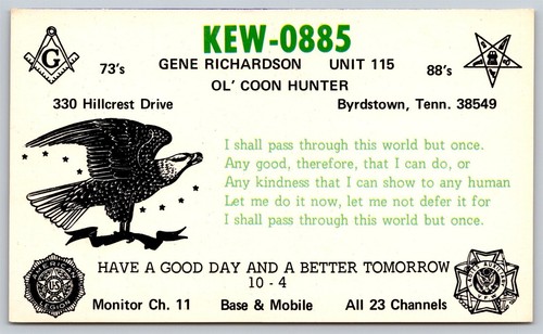 QSL CB Ham Radio Card KEW-0885 Byrdstown TN Gene Richardson Ol' Coon ...