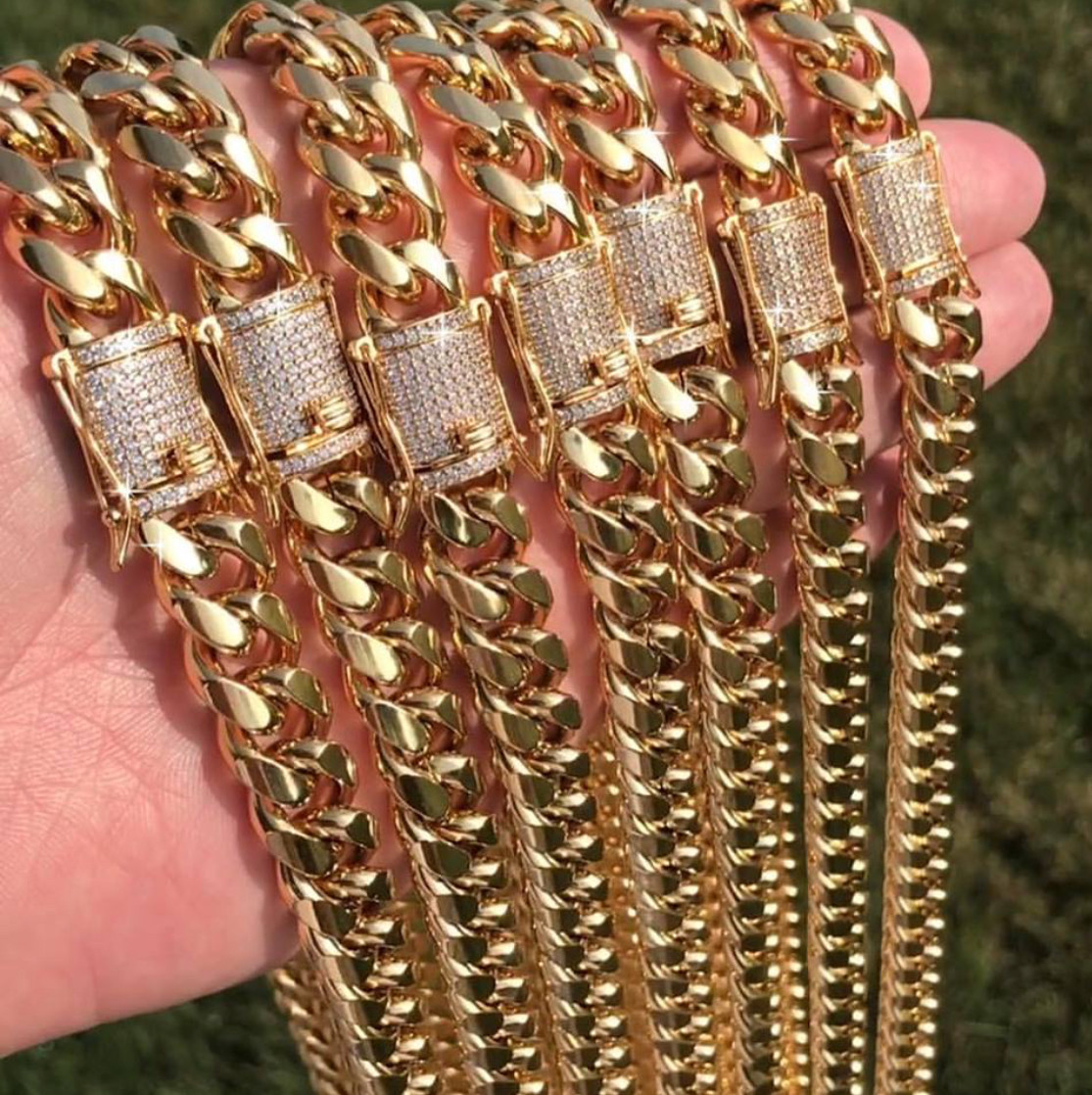 Miami Cuban Link Chain 1ct CZ VVS Clasp 14K Gold Plated Stainless Steel ...
