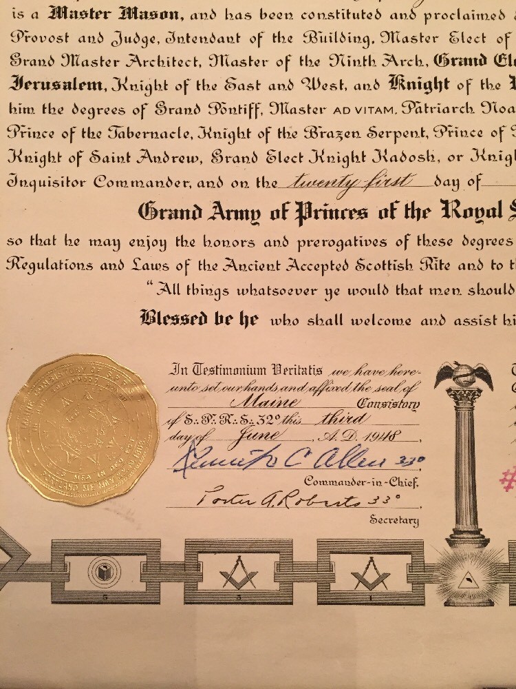 FREEMASON CERTIFICATE ANCIENT ACCEPTED SCOTTISH RITE OF FREEMASONRY ...