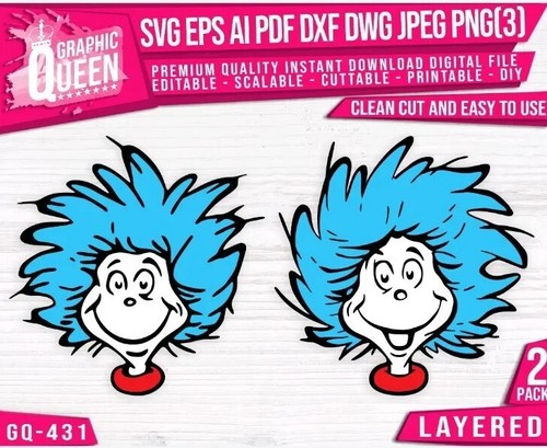 Thing 1 Thing 2 layered digital file Dr Seuss Thing one two Hair SVG ...