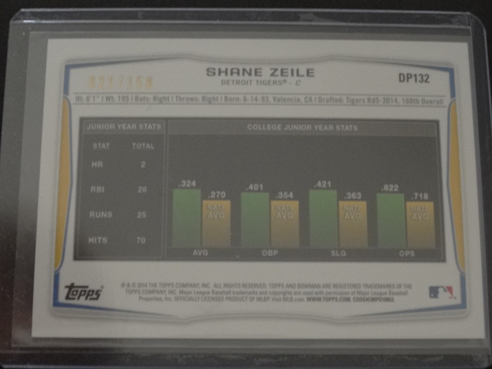 2014 Bowman Draft Red Ice DP132 Shane Zeile Detroit Tigers Baseball ...
