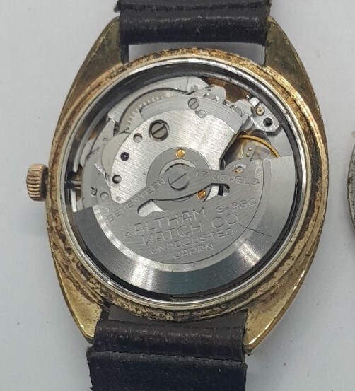 Men Vintage Waltham Automatic Watch Shock Resis Gold Case Brown Leather ...