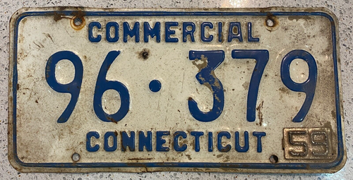 1959 Connecticut Commercial License Plate With Tab White Blue #96-379 ...