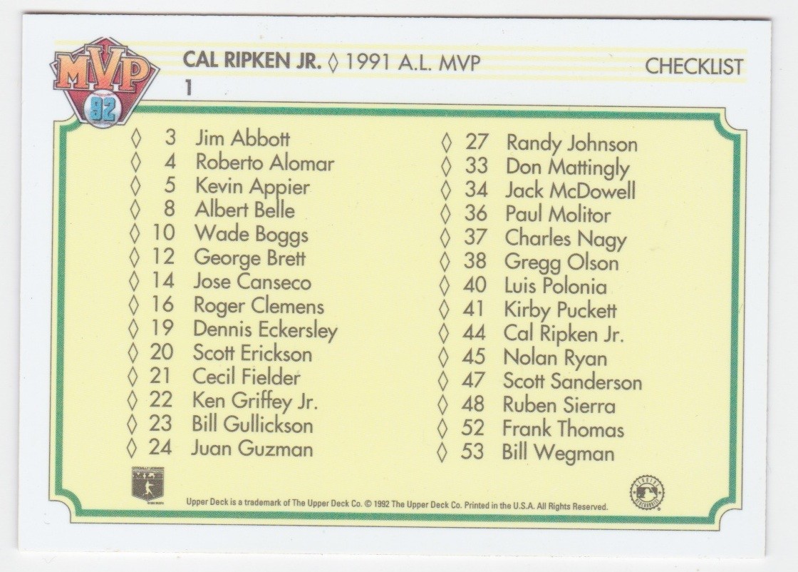 1992 UPPER DECK CAL RIPKEN, JR HOLOGRAM AL MVP CHECKLIST CARD #1 | eBay