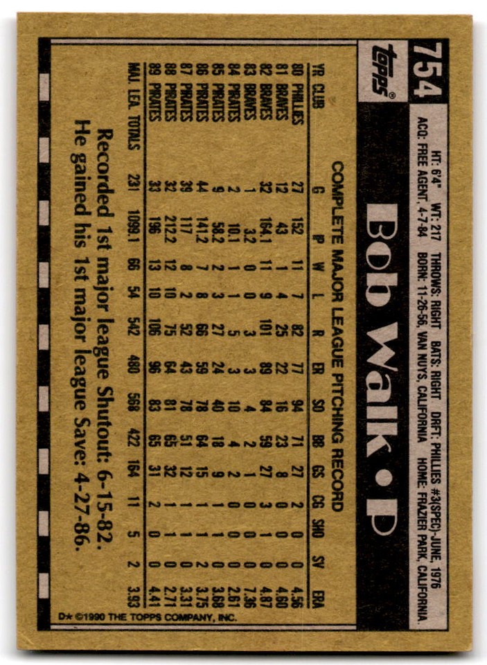 1990 Topps Bob Walk #754 Pittsburgh Pirates | eBay