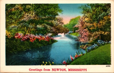 Postcard Greetings from Newton Mississippi Flowers Stream Linen Card ...