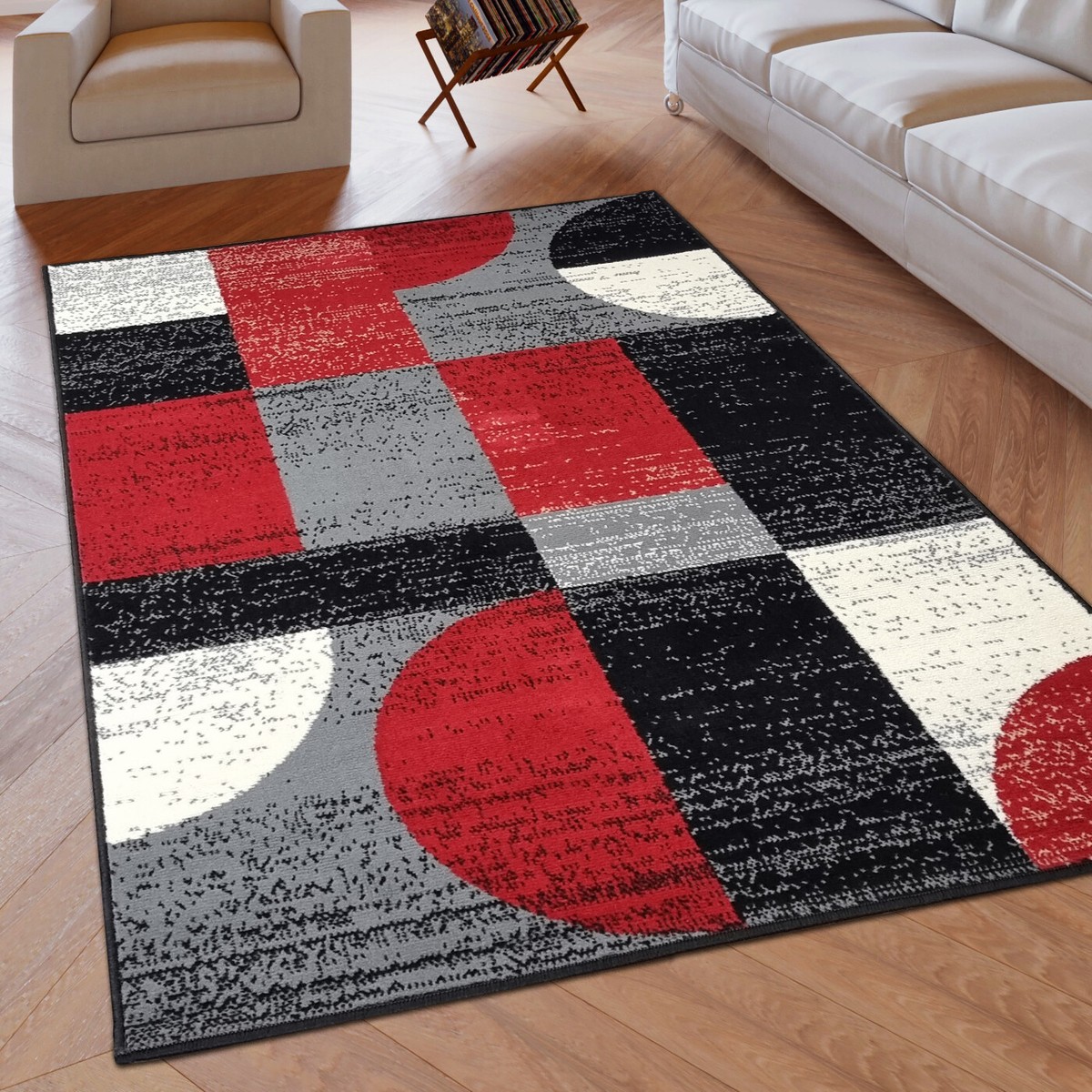 Geometric Patterns In Red Black Area Rug Maya Short Pile Geometric