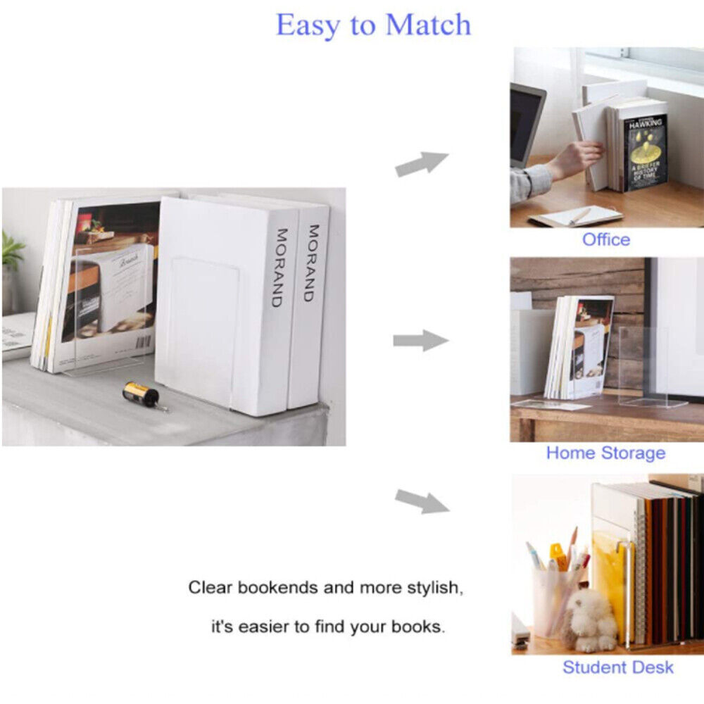2pcs Transparent Bookends Book Document Display Stand Holder Organizer ...