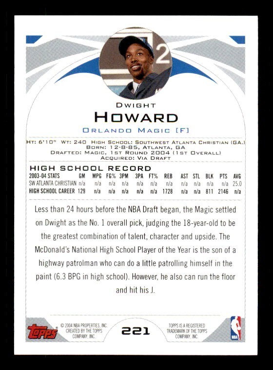 2004-05 Topps #221 Dwight Howard Magic Draft Rookie MINT | eBay