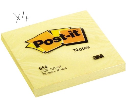 Post-it 654 Canary Yellow 600 Sticky Notes 76 x 76mm 100 Sheet Pack 4 ...