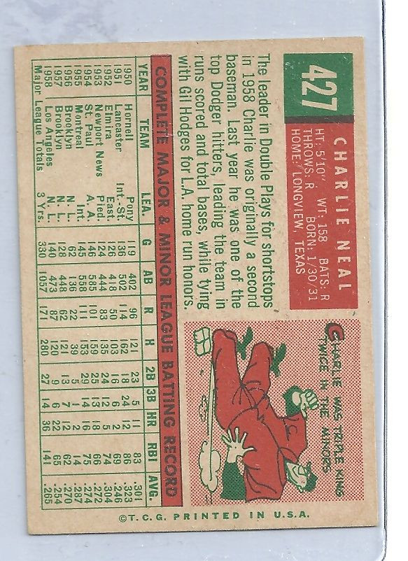 1959 TOPPS BASEBALL #427 CHARLIE NEAL EX-MT. | eBay