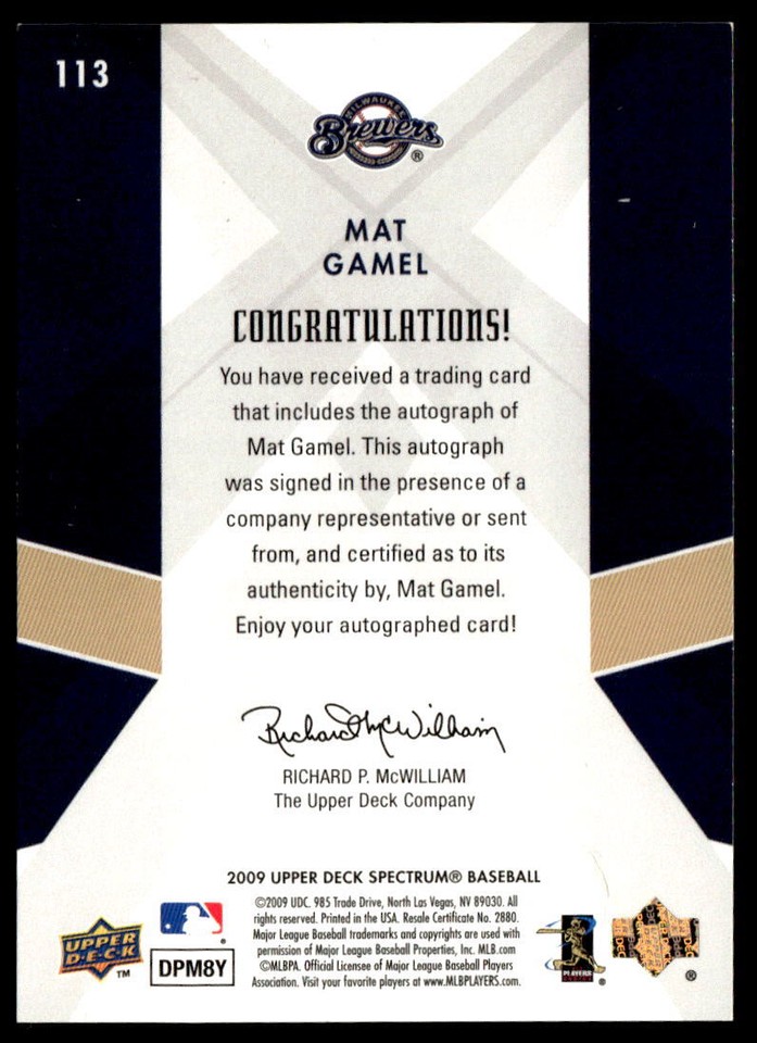 2009 Upper Deck Spectrum Auto #113 Mat Gamel Baseball Milwaukee Brewers ...