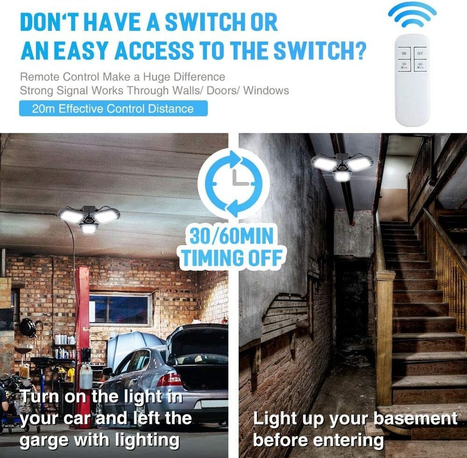 80W Screw in Led Garage Light, Timer Remote Control LED Garage Ceiling ...