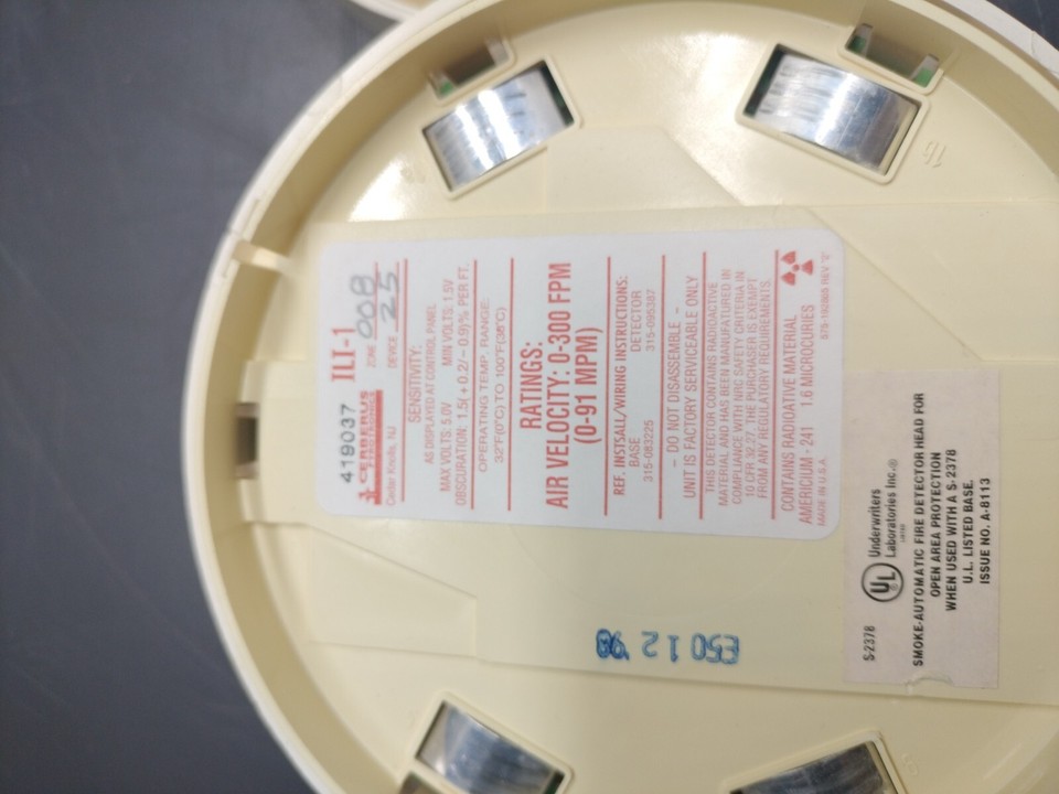 SIEMENS CERBERUS PYROTRONICS ILI-1 IONIZATION SMOKE DETECTOR 315-095387 ...
