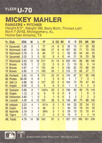 Mickey Mahler 1986 Fleer Update U-70 Texas Rangers Baseball Card | eBay