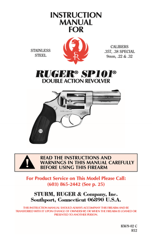 Ruger SP101 Double Action Revolvers Manual - NEW Comb Bound Color Copy ...