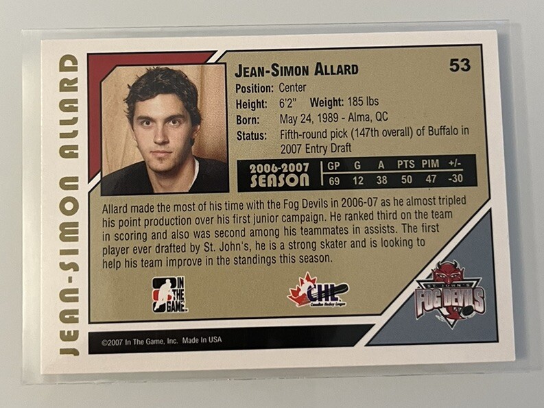 2007-08 ITG Heroes and Prospects Jean-Simon Allard #53 Auto Autograph ...